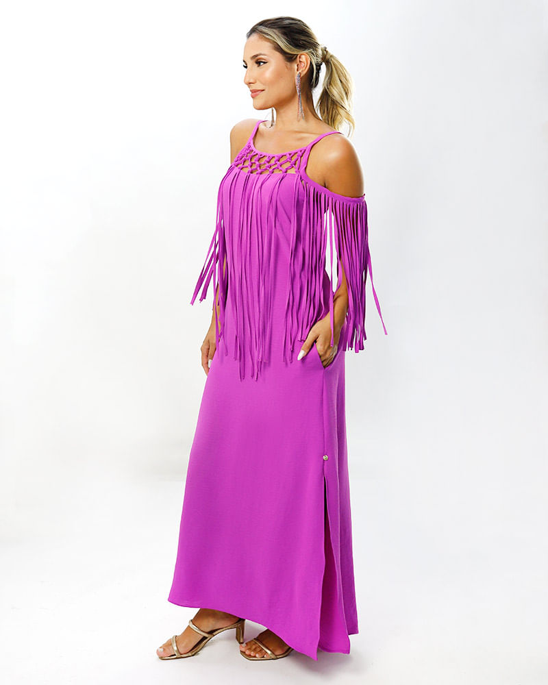 Vestido Longo Crepe Frente Macramê e Franjas Exclusivas Pitaya - lojabluk