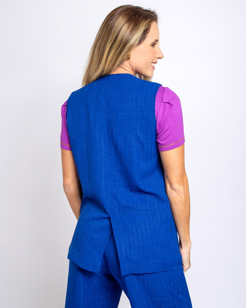 Max Colete Crepe Textura Bolsos Frente Azul - lojabluk